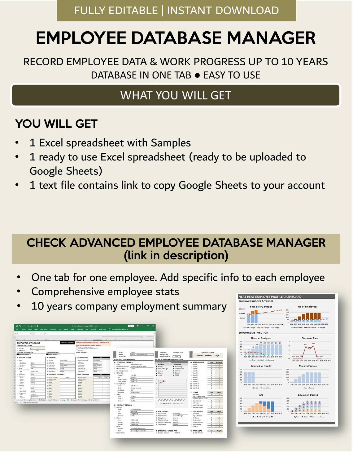 Simple Employee Database Manager for Excel and Google Sheets | Employee ...