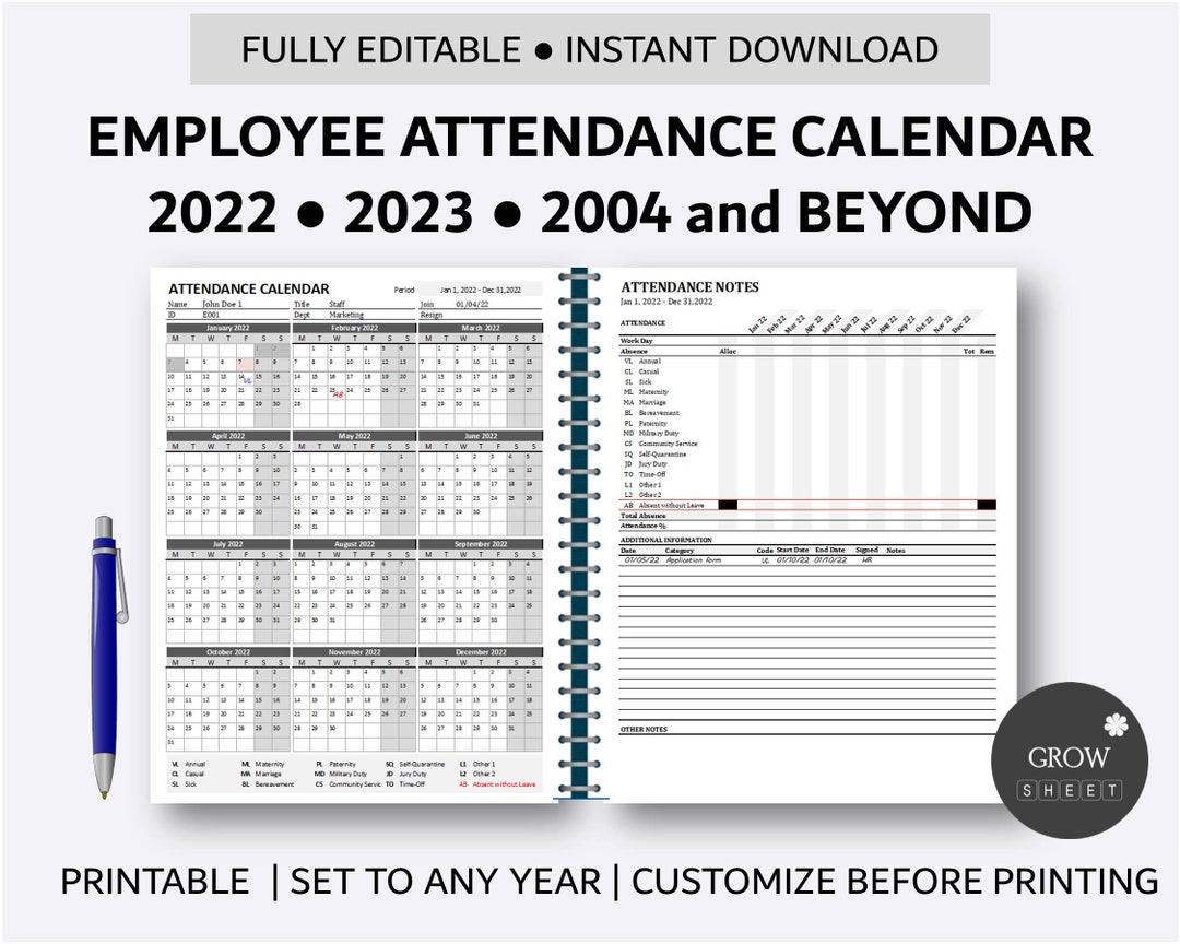 Printable Employee Attendance Calendar Custom Attendance Calendar 2022 ...