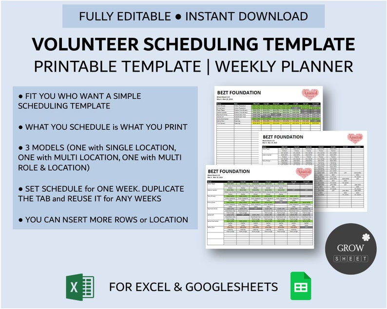 Volunteer Scheduling Template for Excel and Google Sheets | Multi Roles ...