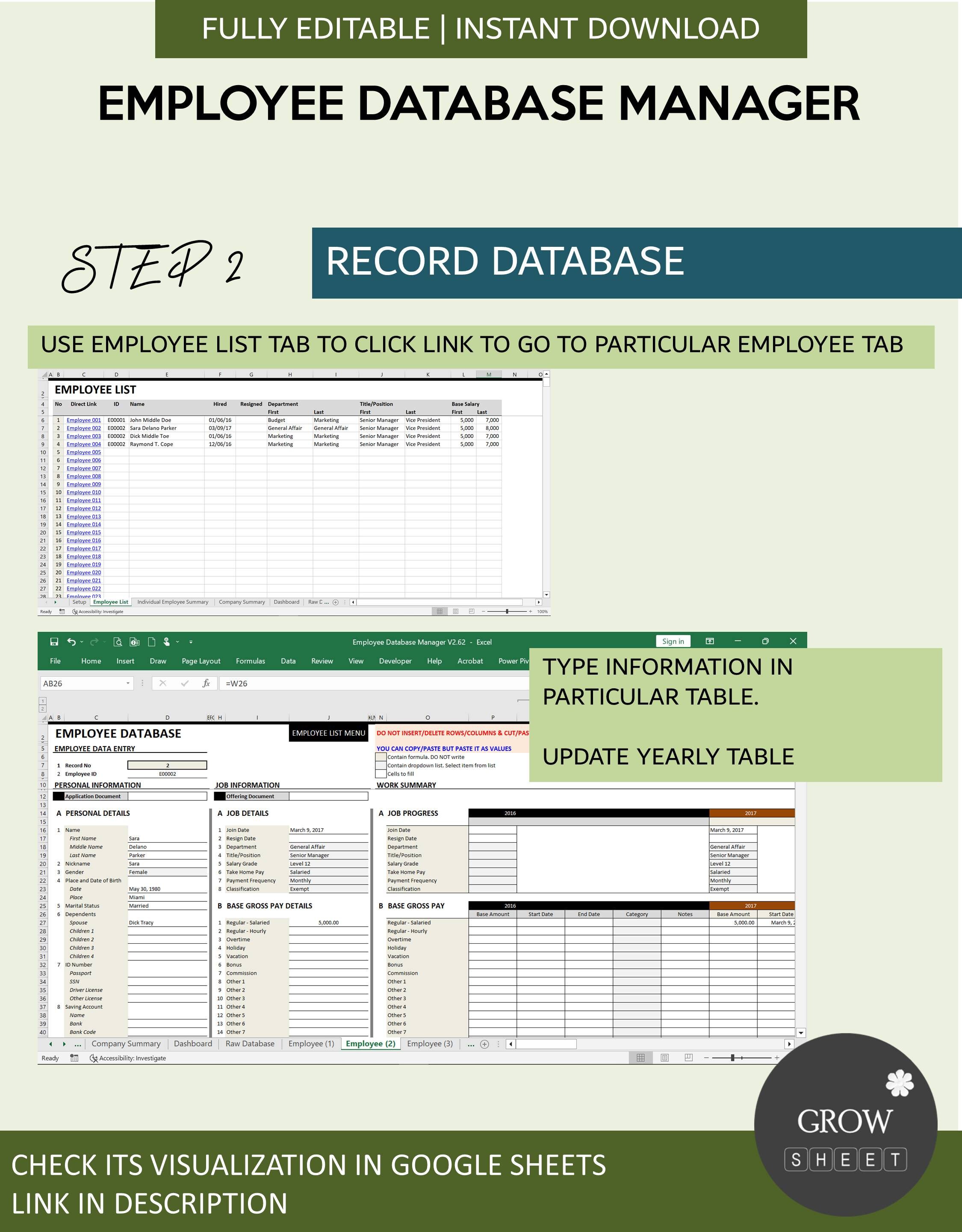 Employee Database Management System for Excel and Google Sheets | Human ...