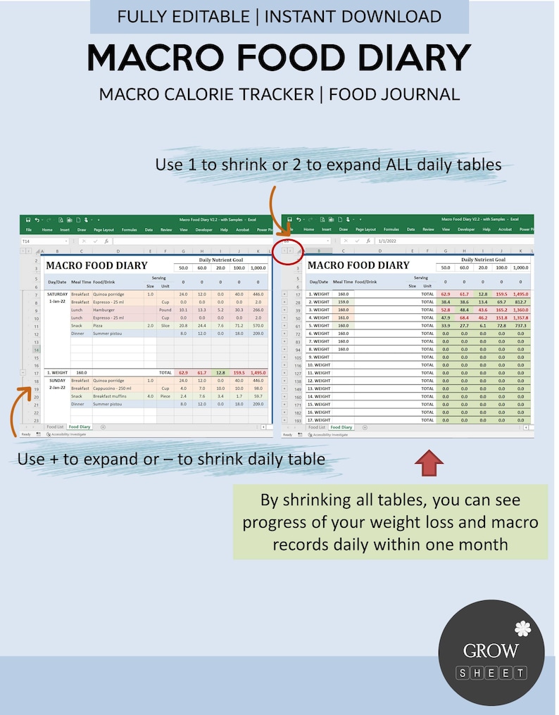 Macro Food Diary | Daily Food Journal With Macro Calculator for Excel ...