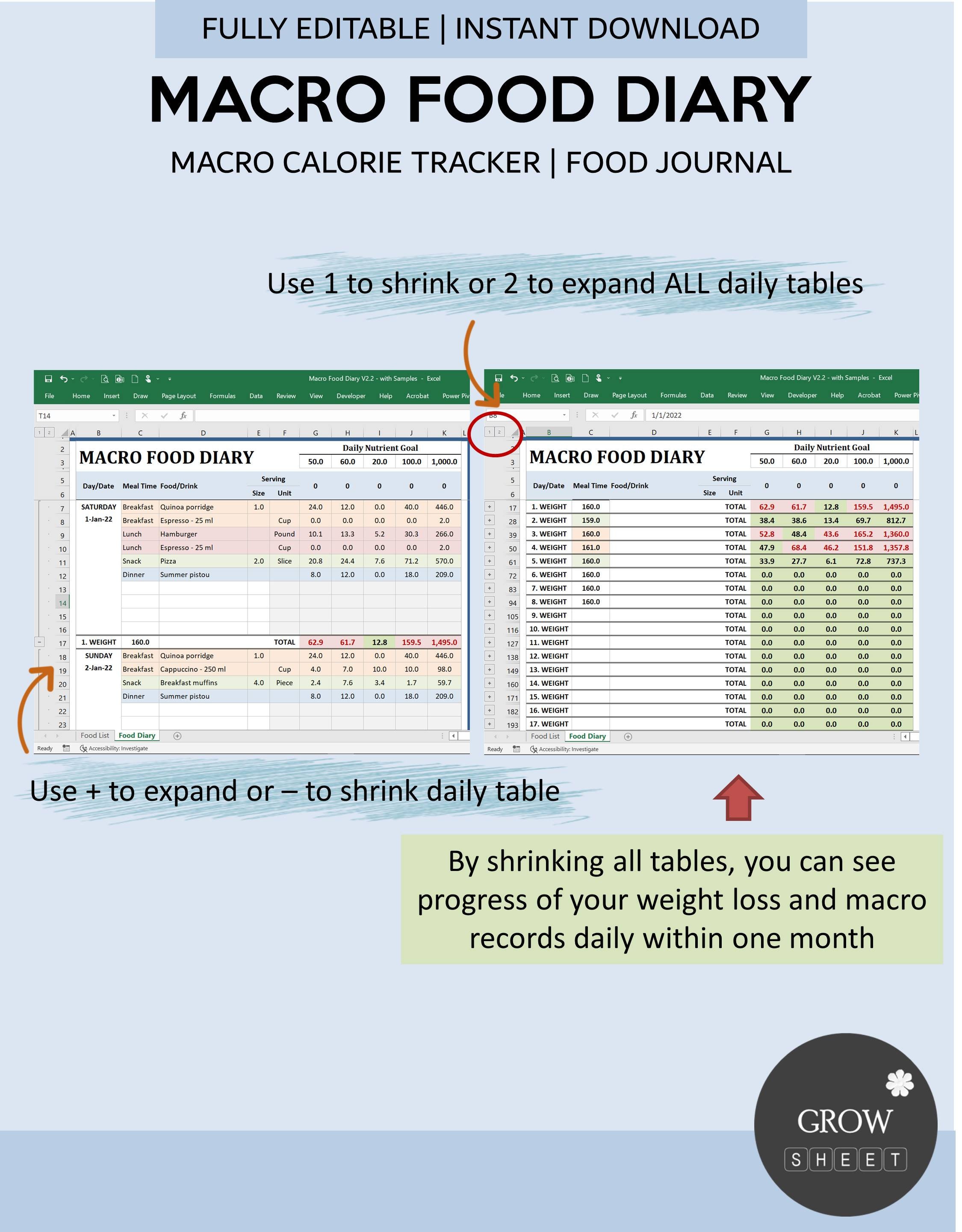 Macro Food Diary | Daily Food Journal With Macro Calculator for Excel ...