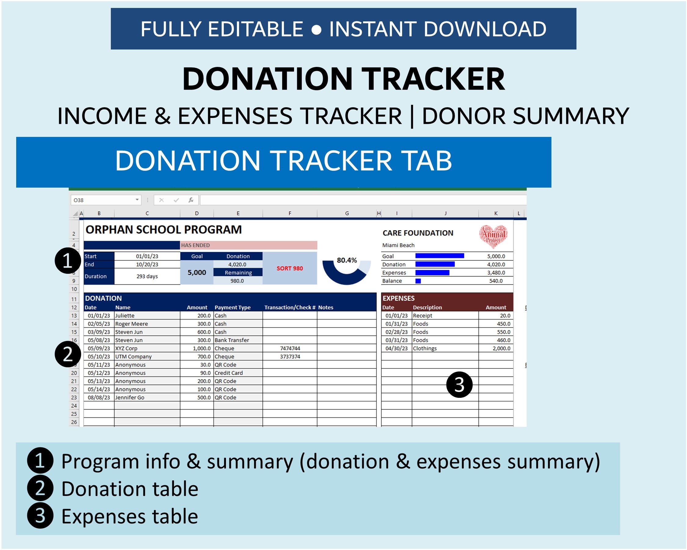 Donation Tracker Spreadsheet | Program Donation Planner and Expenses ...