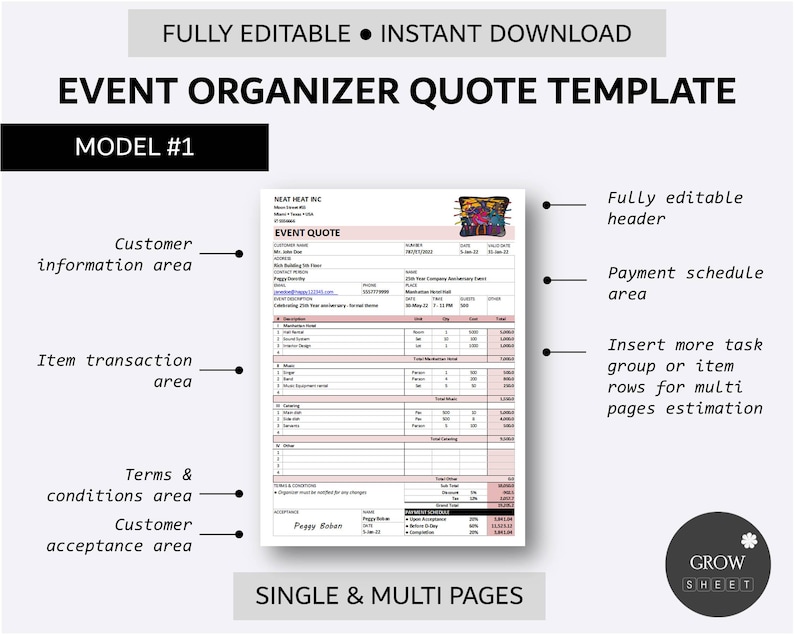 Printable Event Organizer Quote Template for Excel and Google Sheets ...