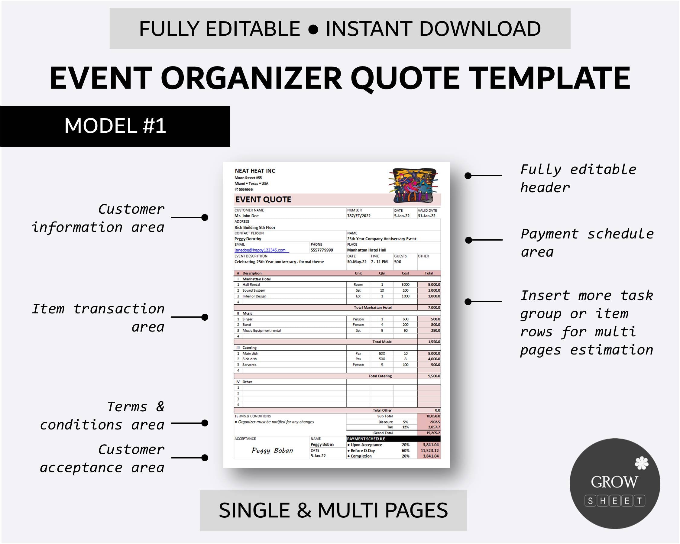 Printable Event Organizer Quote Template for Excel and Google Sheets ...