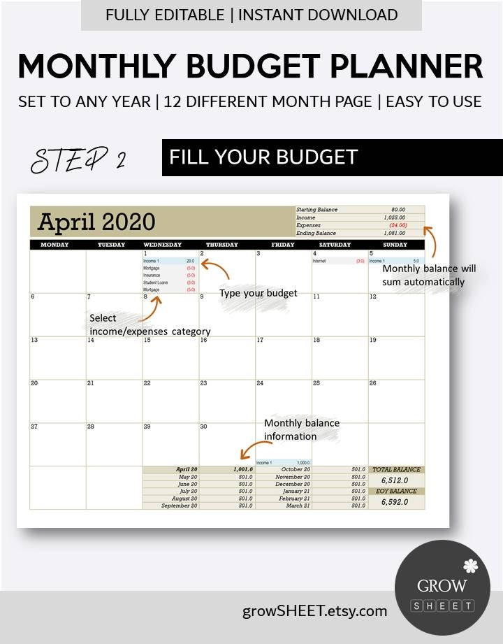 Monthly Budget Planner and Tracker | Fill Budget Inside Calendar | 12 ...