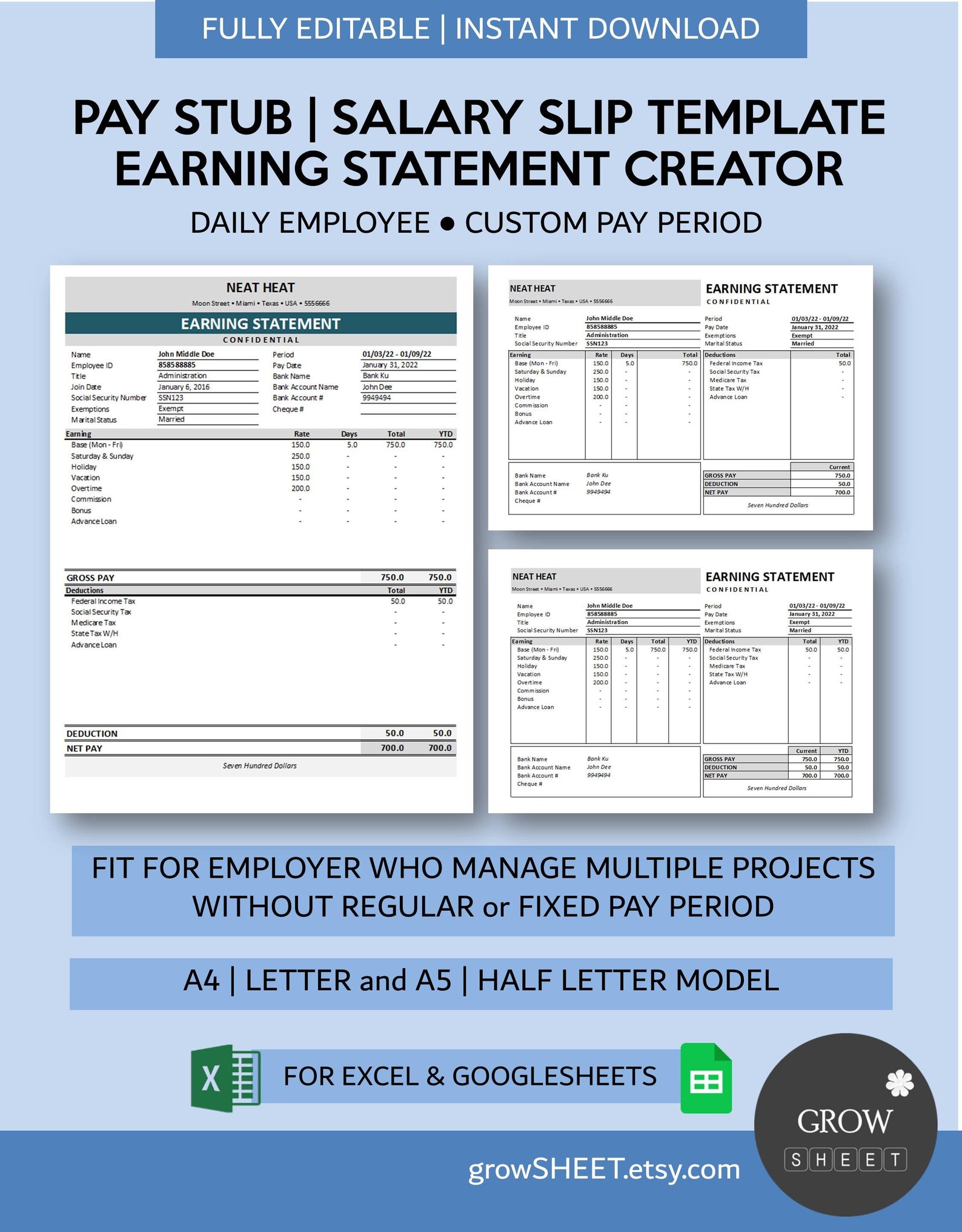 Salary Slip Generator | Earning Statement Template | Pay Slip Creator ...