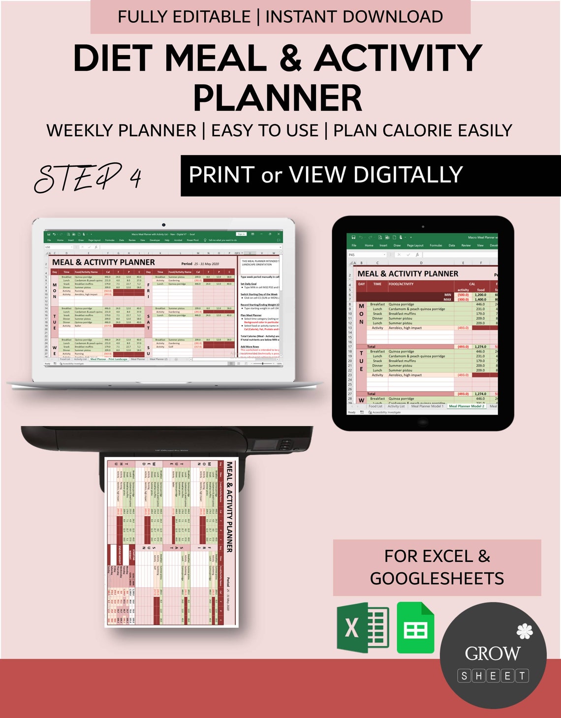 Diet Meal and Activity Planner for Excel and Google Sheets | Fully ...