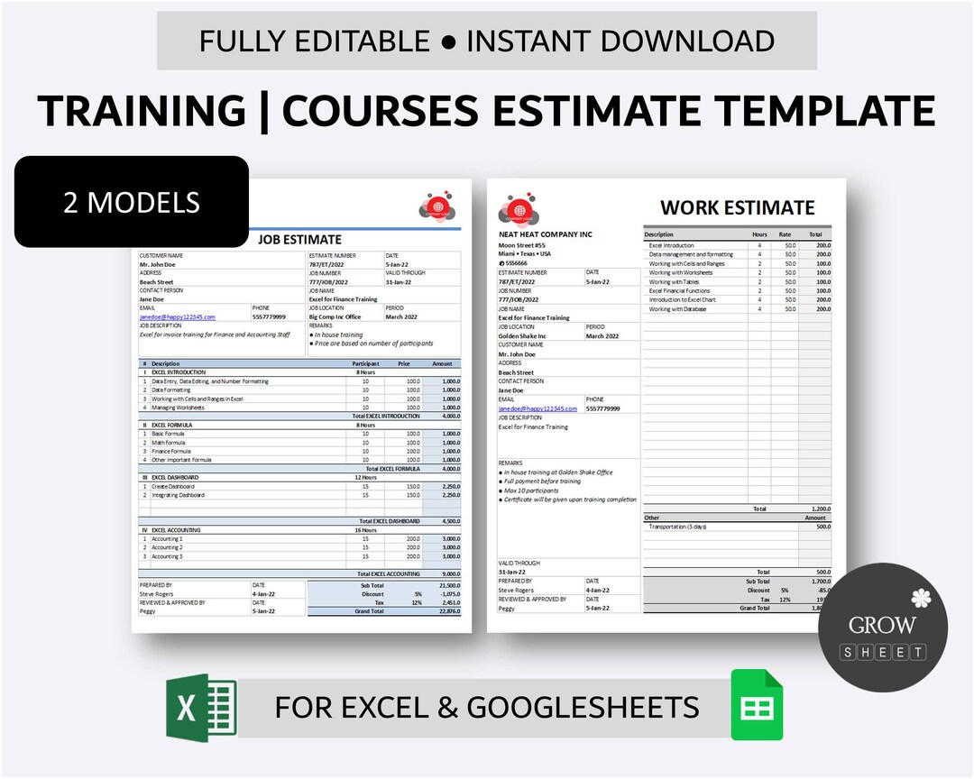 Printable Training Estimate Template for Excel and Google Sheets | Hourly Job Estimate Template ...