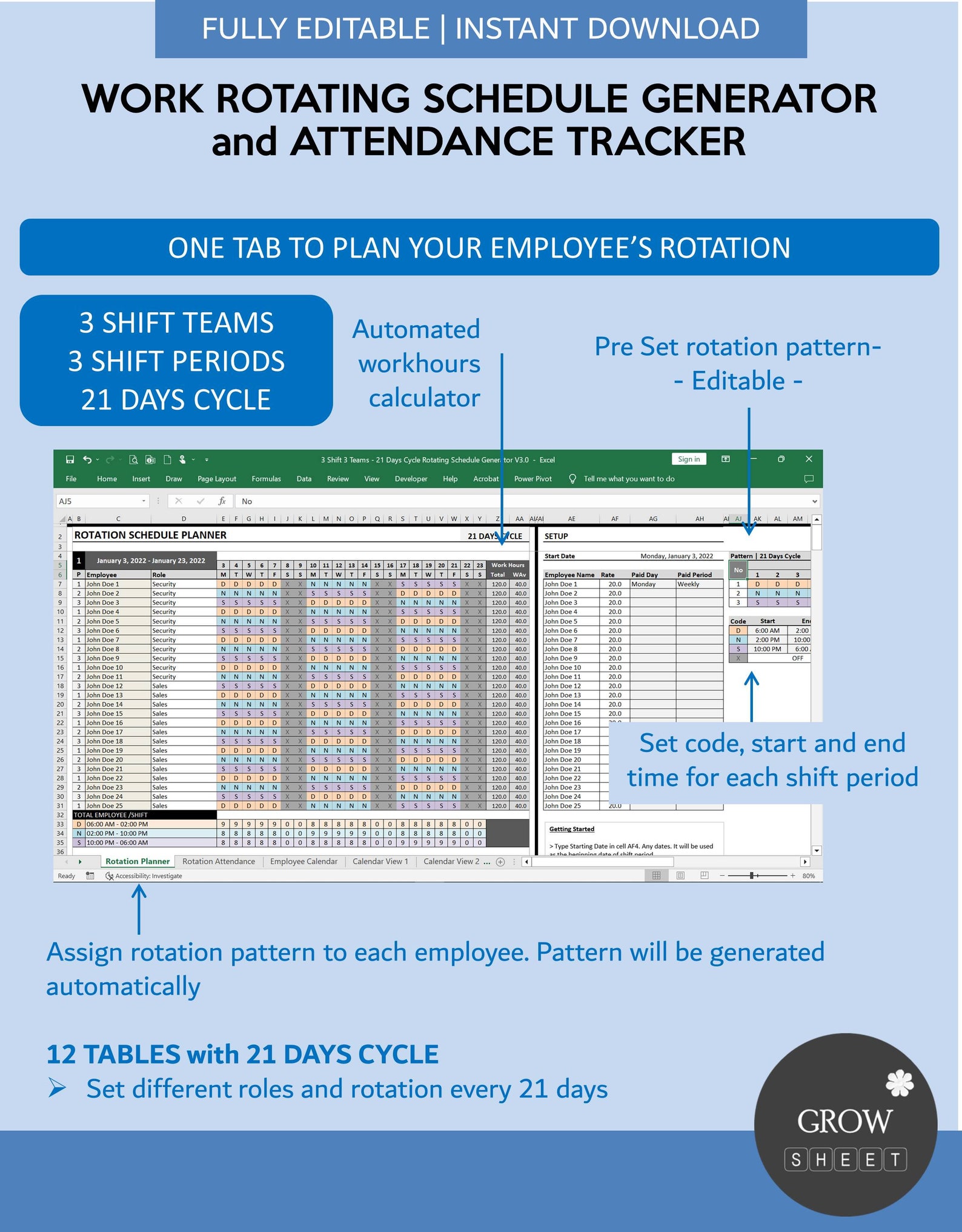 Work Rotating Generator Template and Attendance Tracker | Automated ...