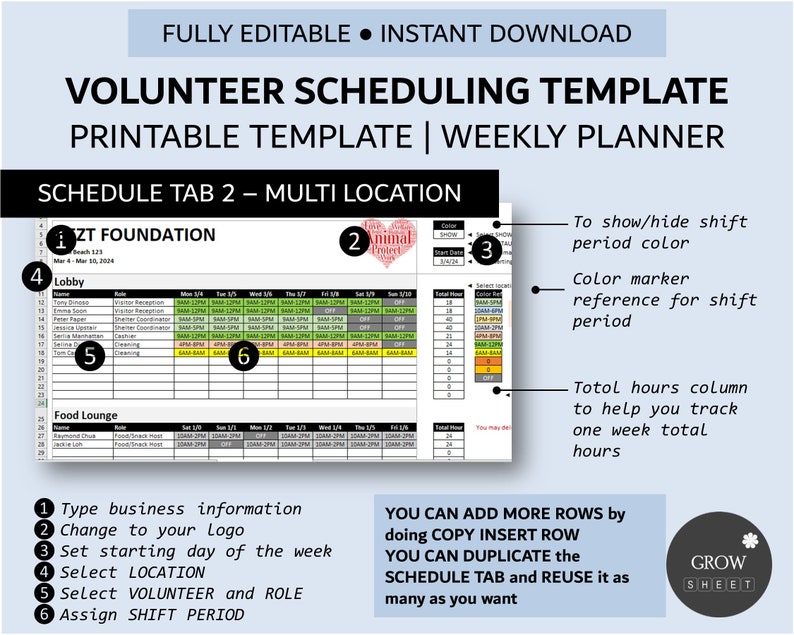 Volunteer Scheduling Template for Excel and Google Sheets | Multi Roles ...
