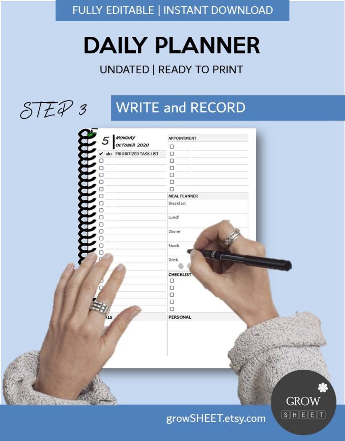 Printable Daily Planner Template Fully Editable Daily Planner Blank ...