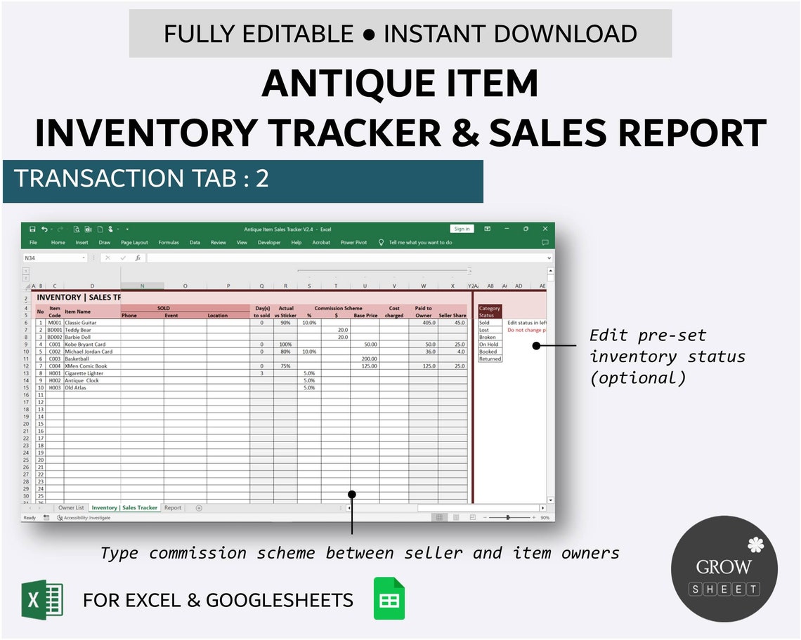 Antique Item Sale Inventory and Sales Tracker | Sales Item Listing ...