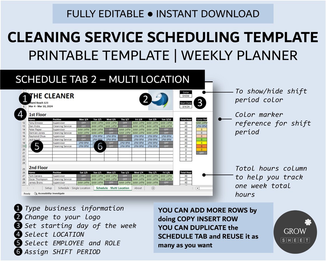 Cleaning Service Scheduling Template | Multi Roles-location-shift ...