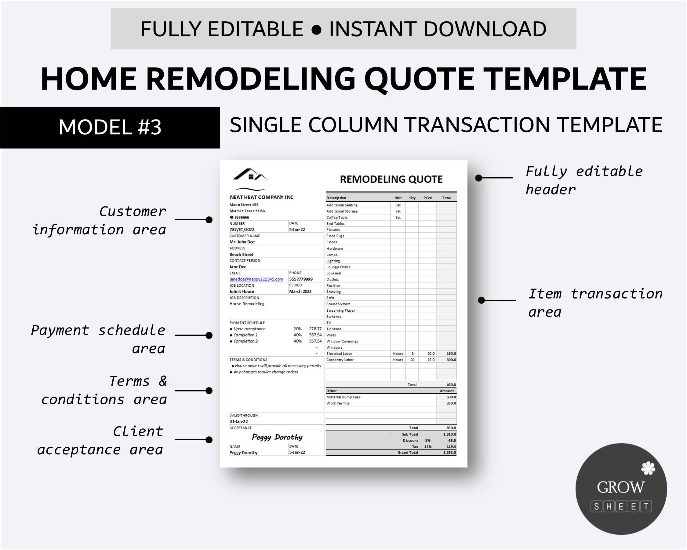 Printable Home Remodeling Quote Template | Construction Price Quotation ...