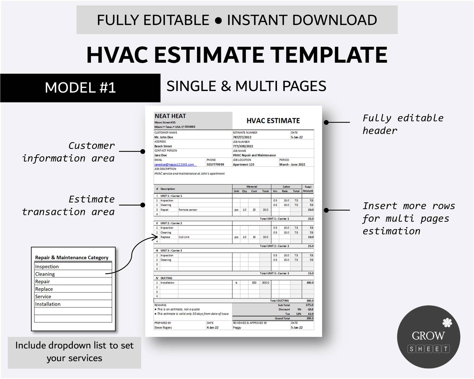 Printable HVAC Estimate Template | Job Estimate Template | Work ...