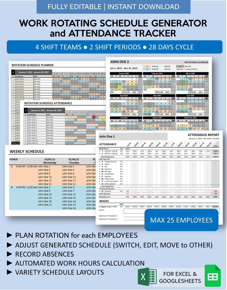 Work Rotating Generator Template and Attendance Tracker Automated ...