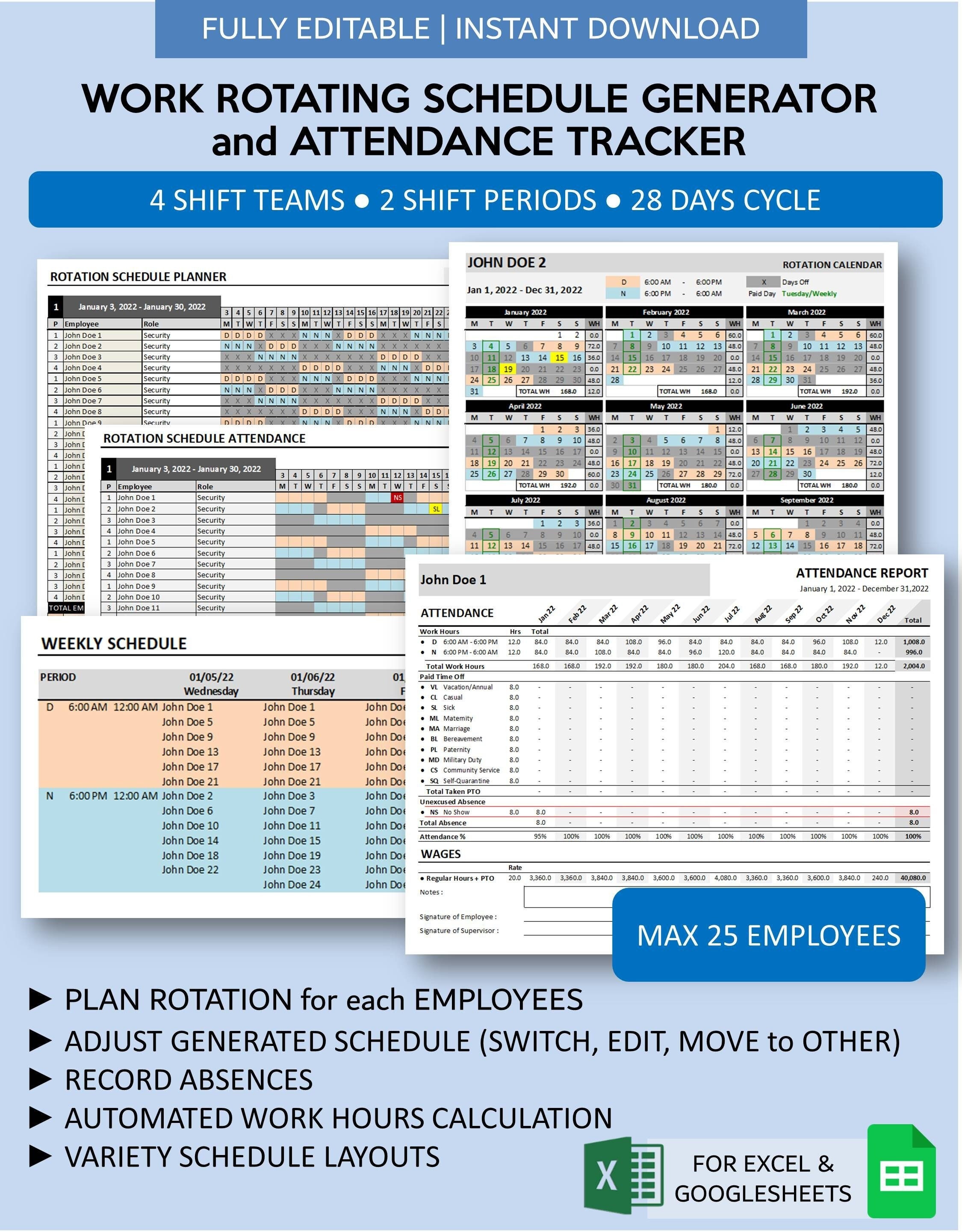 Work Rotating Generator Template and Attendance Tracker | Automated ...