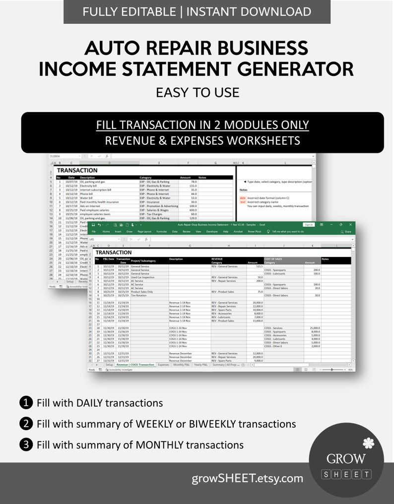 Auto Repair Business Income Statement Generator | Repair Profit & Loss ...