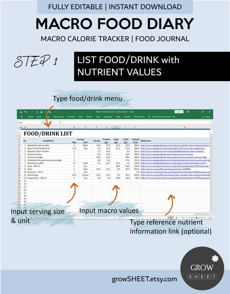 Macro Food Diary | Daily Food Journal With Macro Calculator for Excel ...