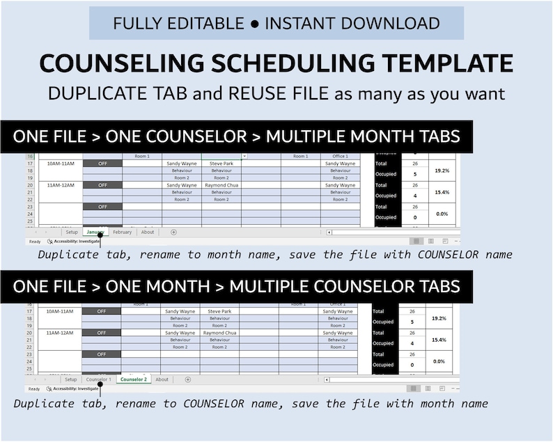 Counseling Scheduling Template for Excel and Google Sheets | Printable ...