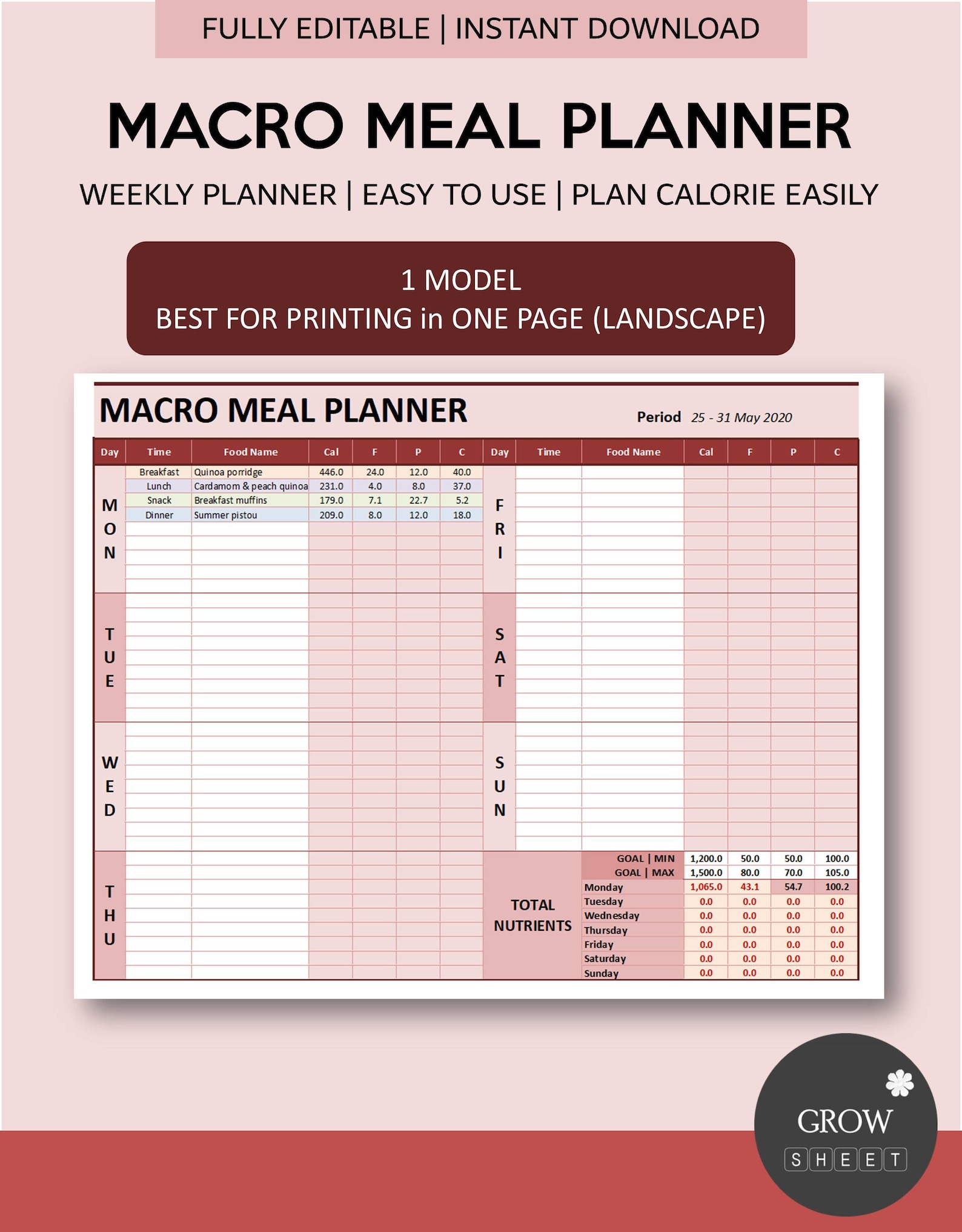 Macro Meal Planner for Excel and Googlesheets | Fully Editable Weekly ...
