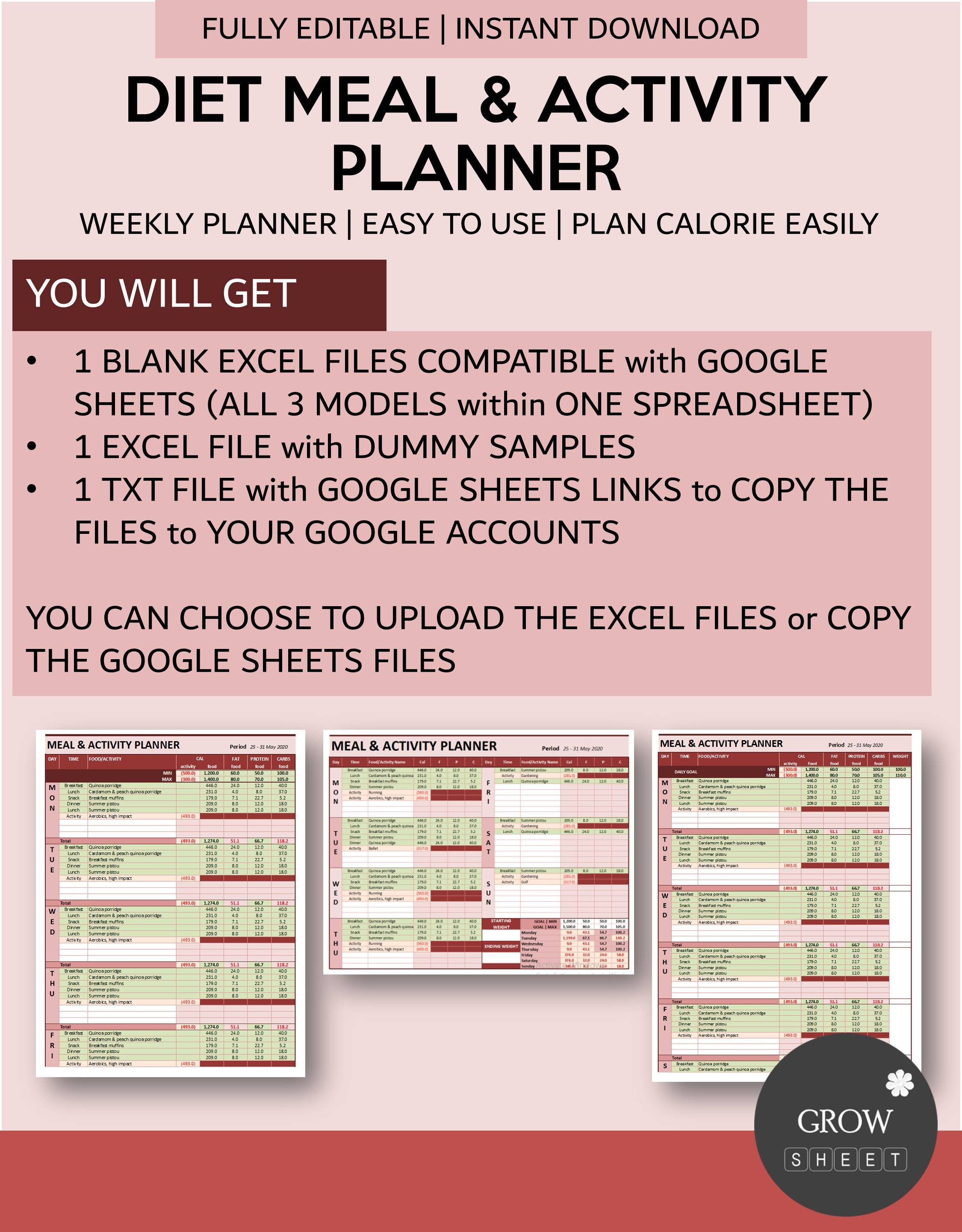 Diet Meal and Activity Planner for Excel and Google Sheets Fully ...