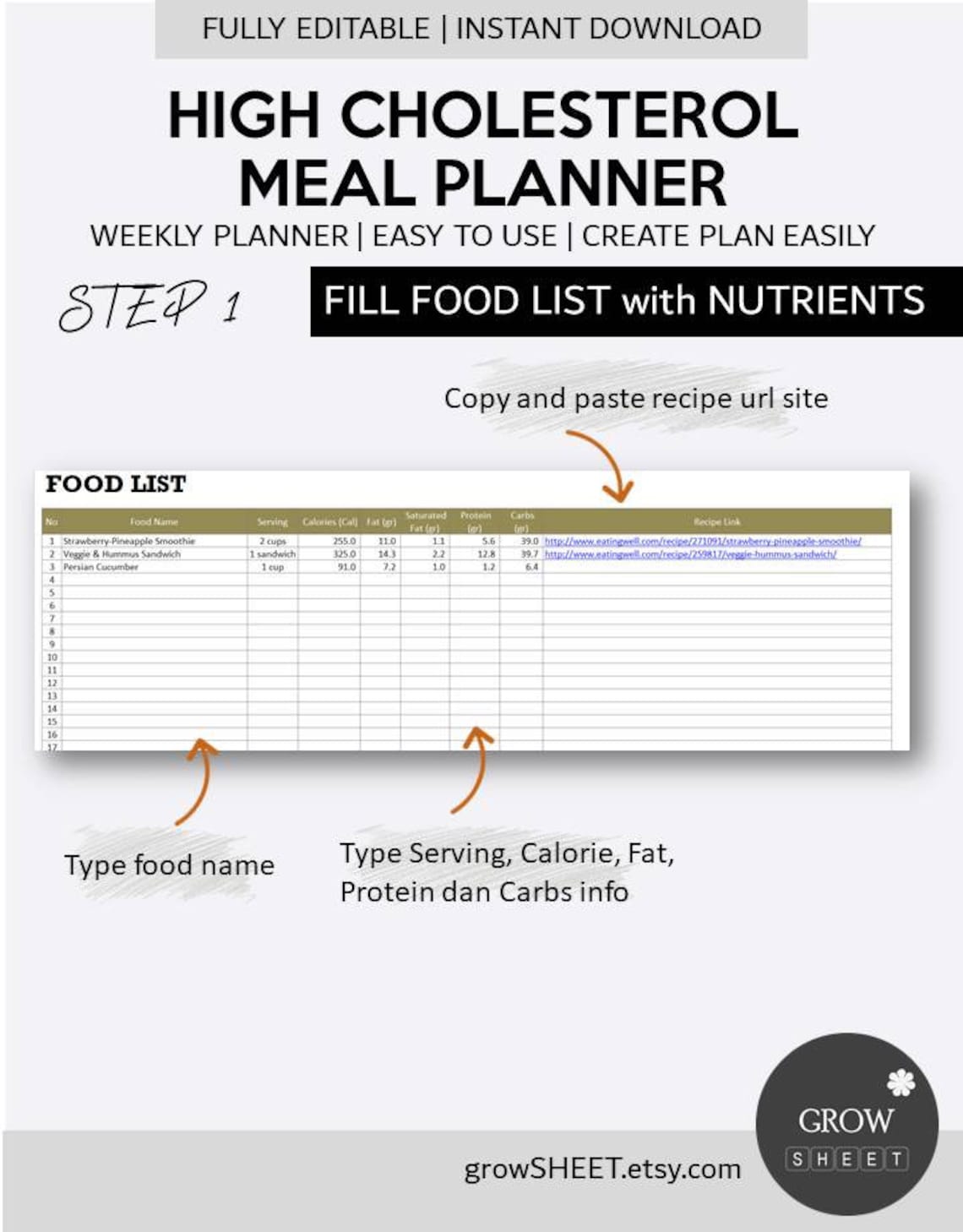 High Cholesterol Menu Planner - Excel Template | Fully Editable Weekly ...