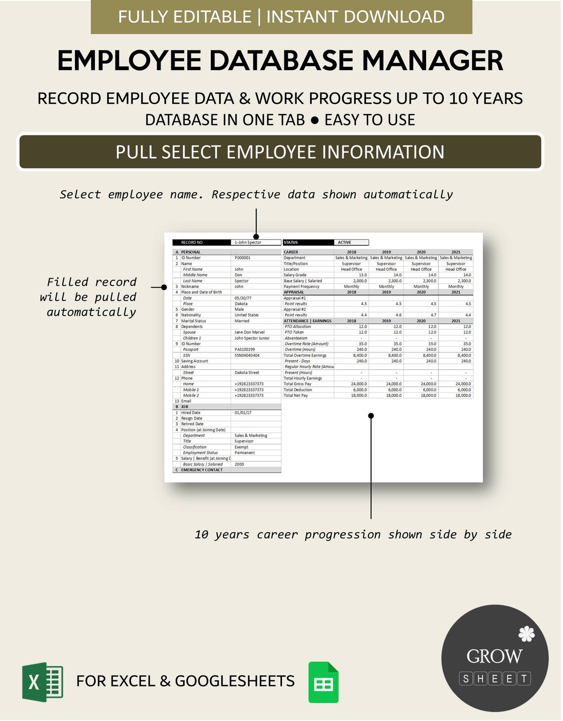 Simple Employee Database Manager for Excel and Google Sheets | Employee ...