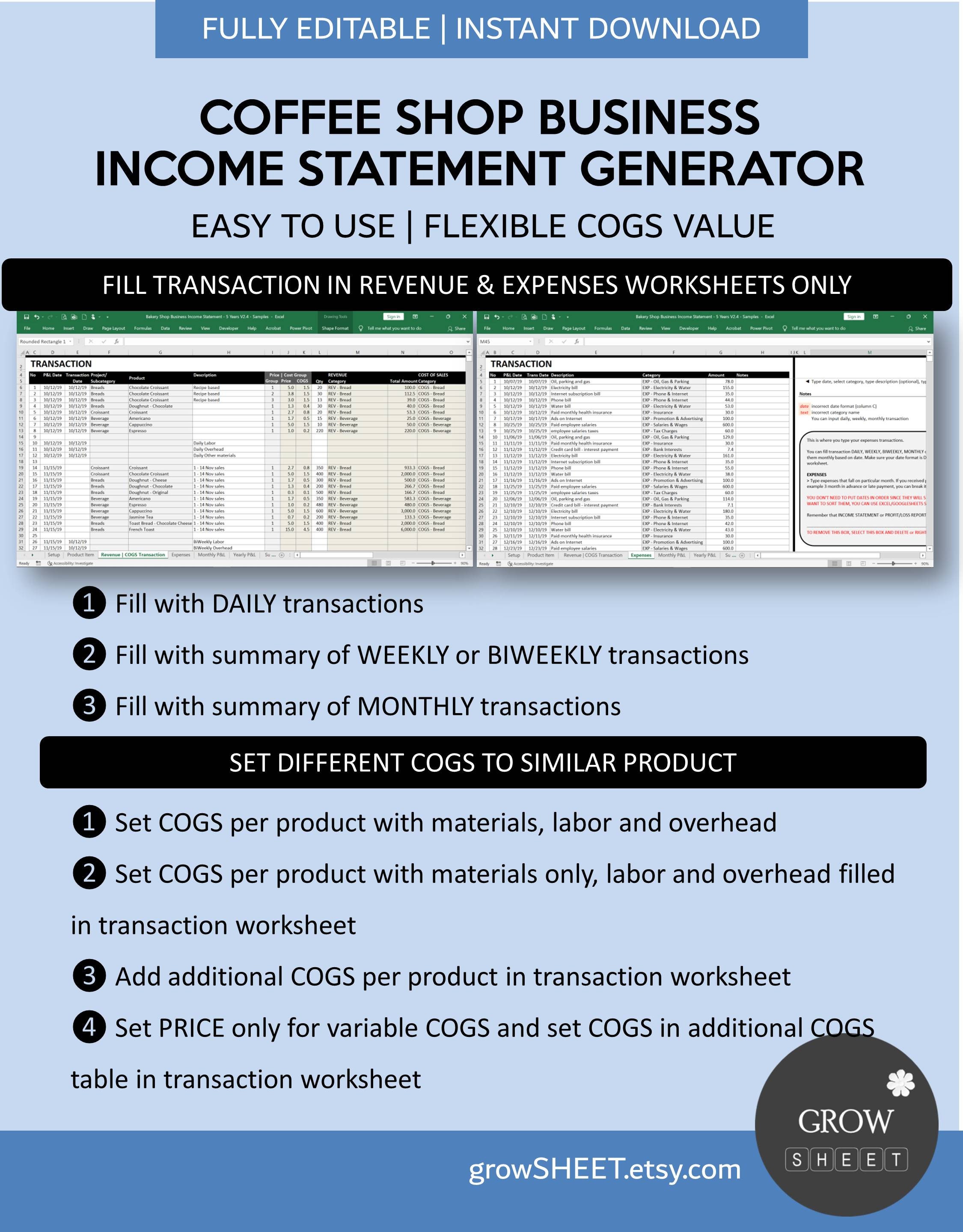Coffee Shop Business Income Statement Generator Automated Profit & Loss ...