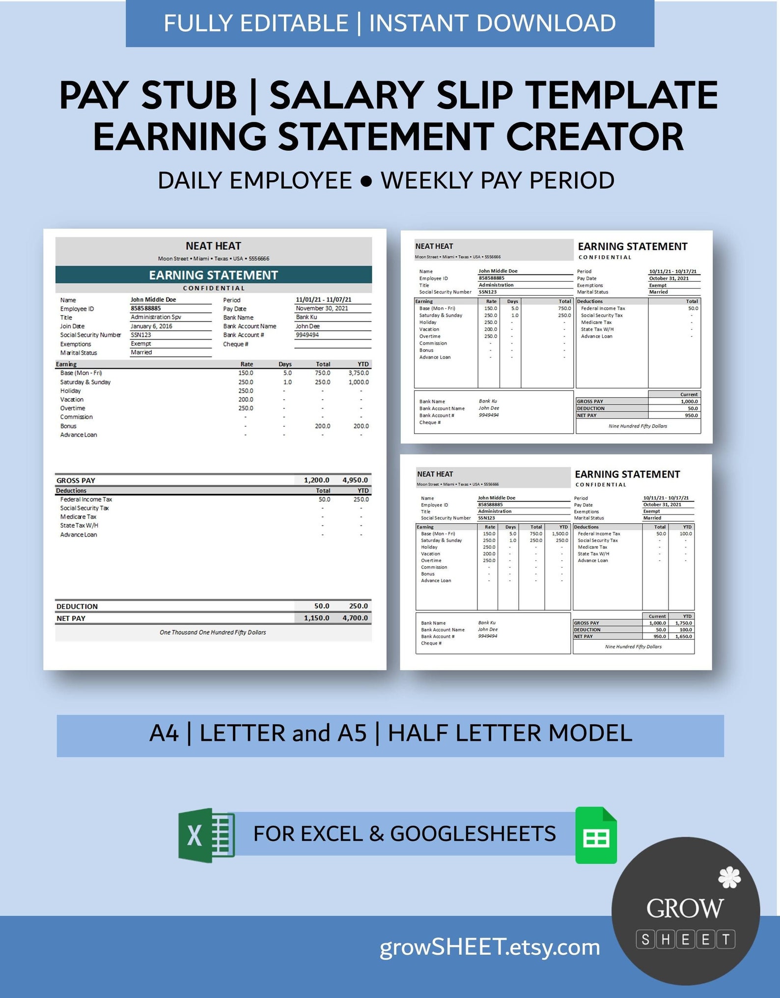 Salary Slip Generator | Earning Statement Template | Pay Slip Creator ...
