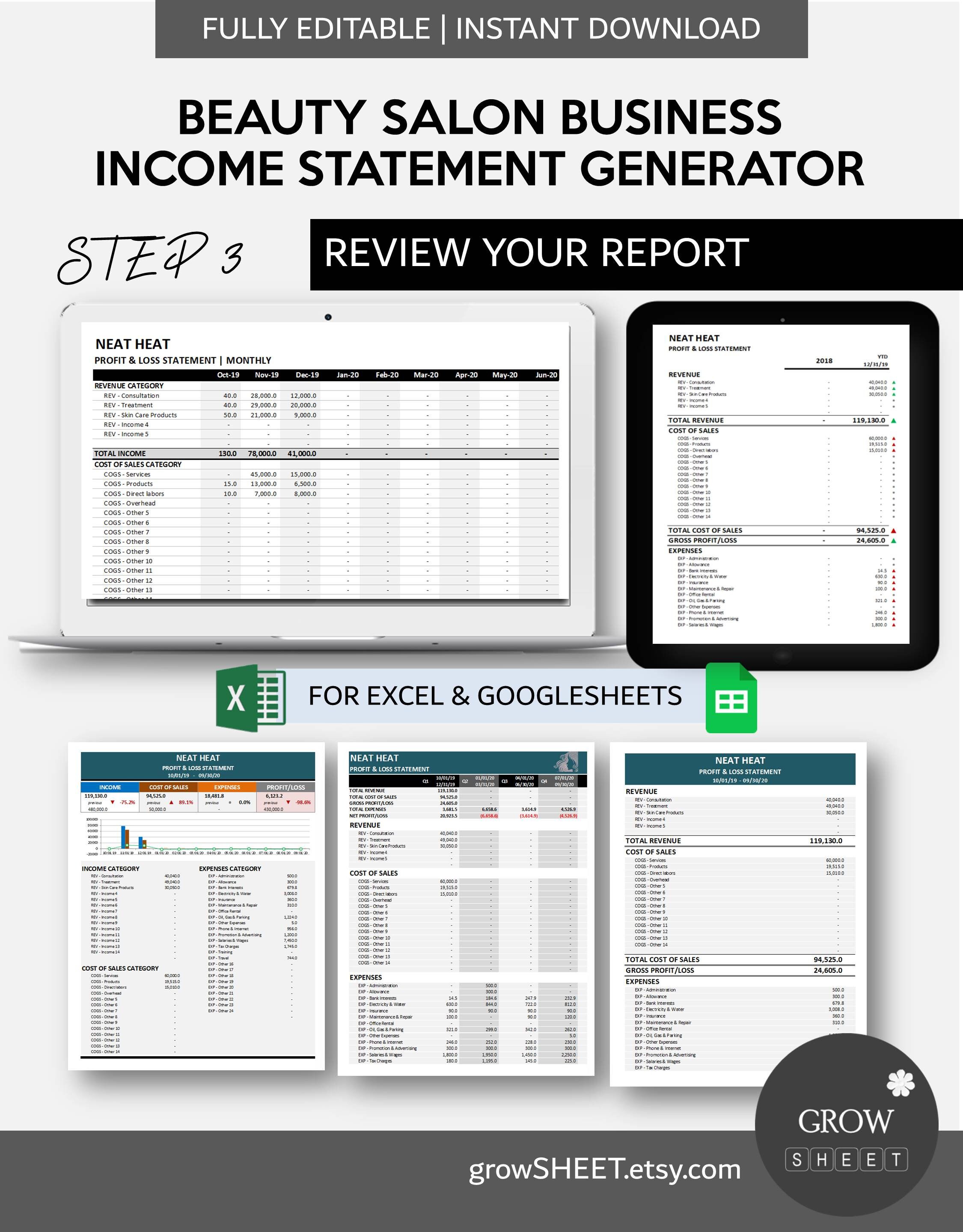 Beauty Salon Business Income Statement Generator Automated Profit ...