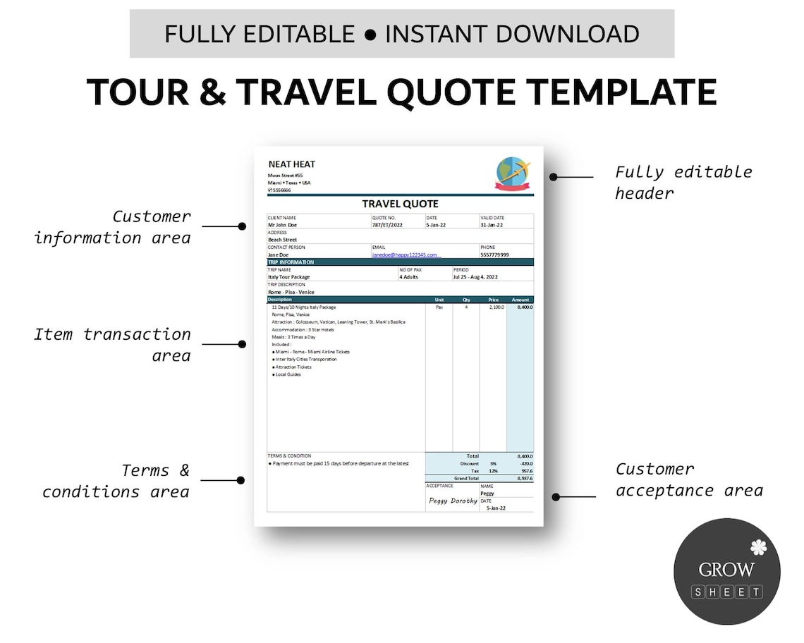 Printable Tour & Travel Package Quote Template for Excel and Google ...