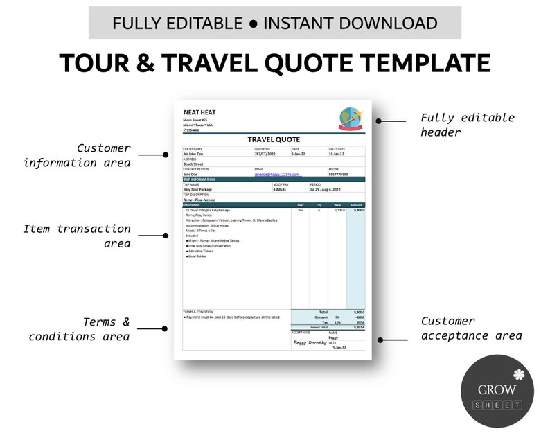 Printable Tour & Travel Package Quote Template for Excel and Google ...