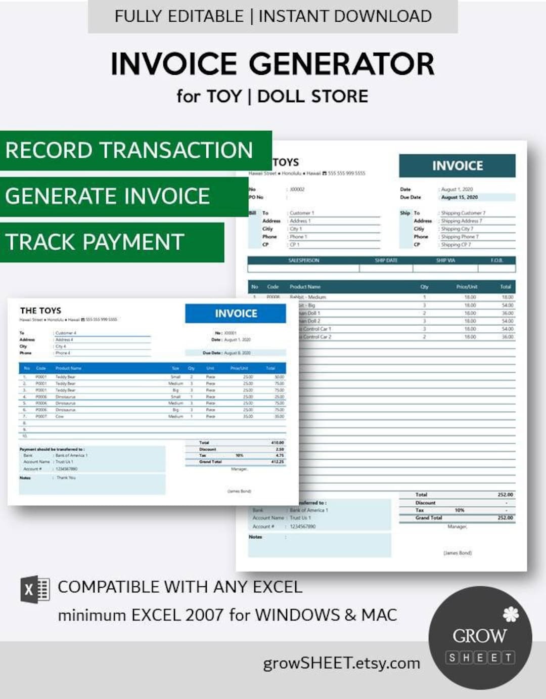 Invoice Generator for Toy Stores | Excel Invoice Template for Doll ...