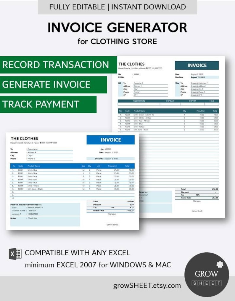 Invoice Generator for Clothing Business | Excel Invoice Template for ...
