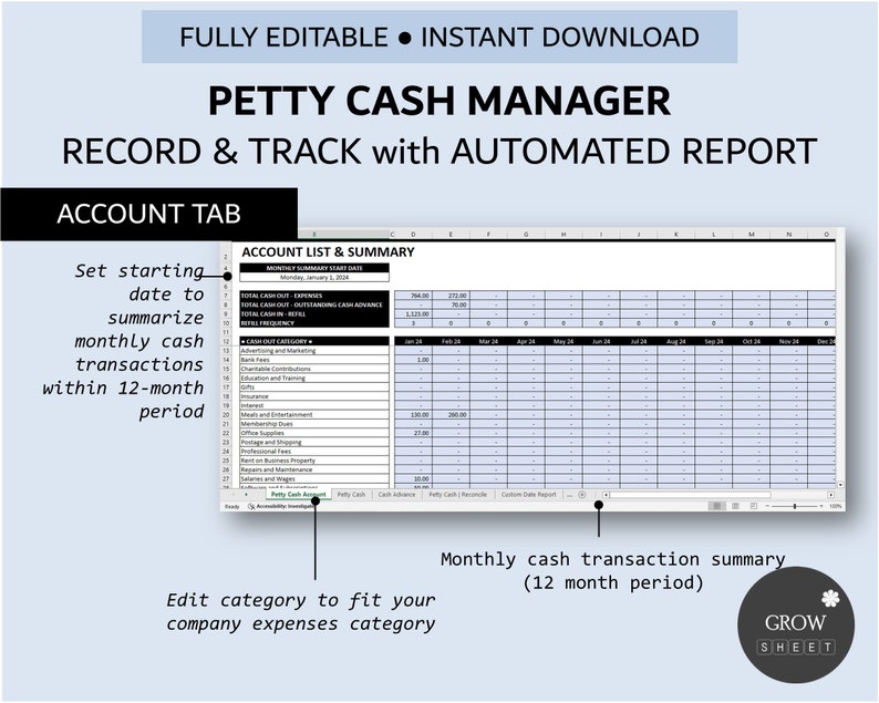 Petty Cash Log With Automated Replenishment Report | Petty Cash Management Template | Cash ...