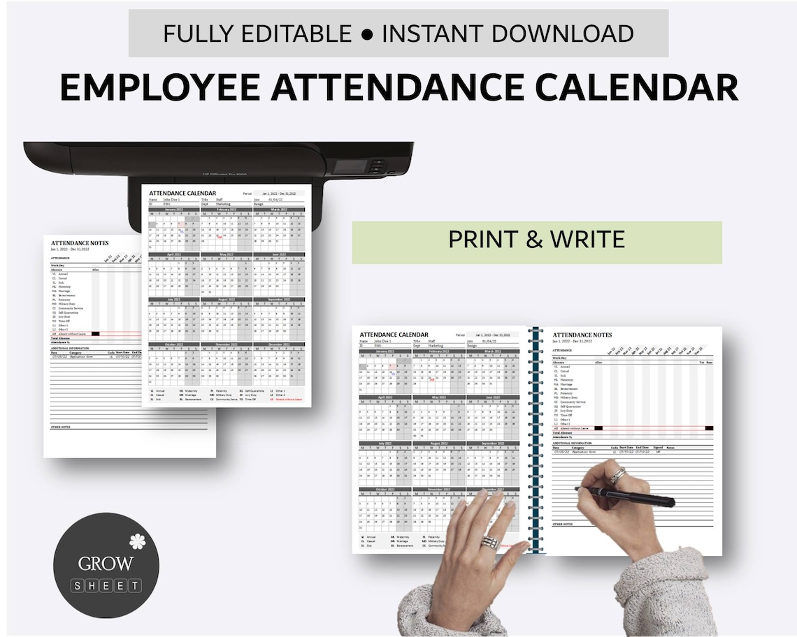 Printable Employee Attendance Calendar | Custom Attendance Calendar ...