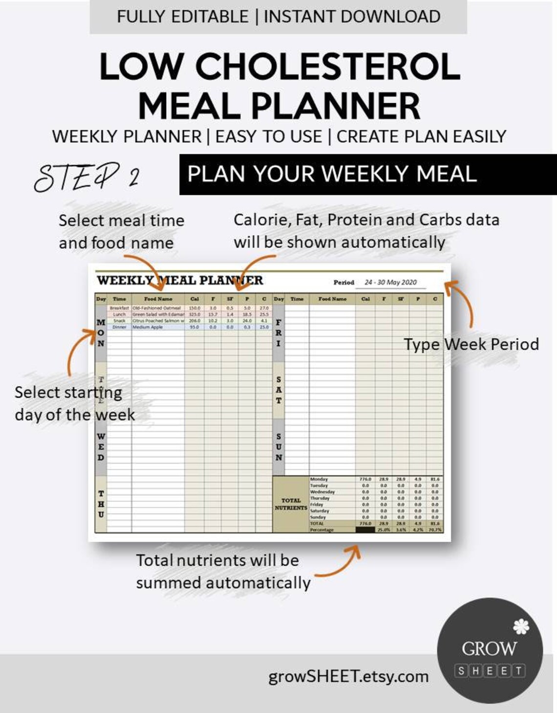 Low Cholesterol Meal Planner - Excel Template | Fully Editable Weekly ...