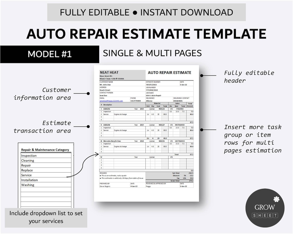 Printable Auto Repair Estimate Template for Excel and Google Sheets ...