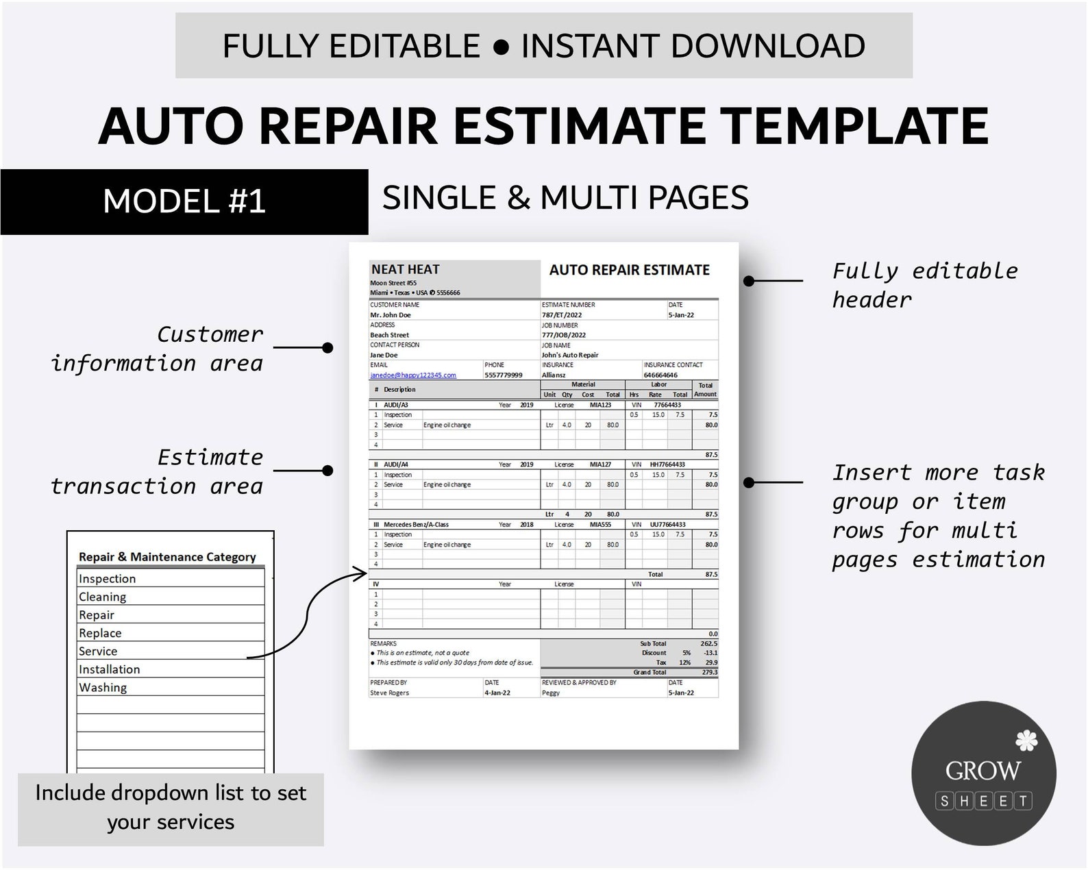 Printable Auto Repair Estimate Template for Excel and Google Sheets ...