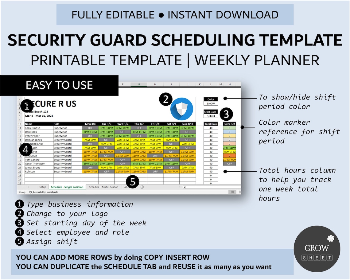 Security Guard Scheduling Template | Multi Roles-location-shift Period ...