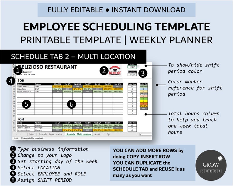 Employee Scheduling Template for Excel and Google Sheets | Multi Roles ...