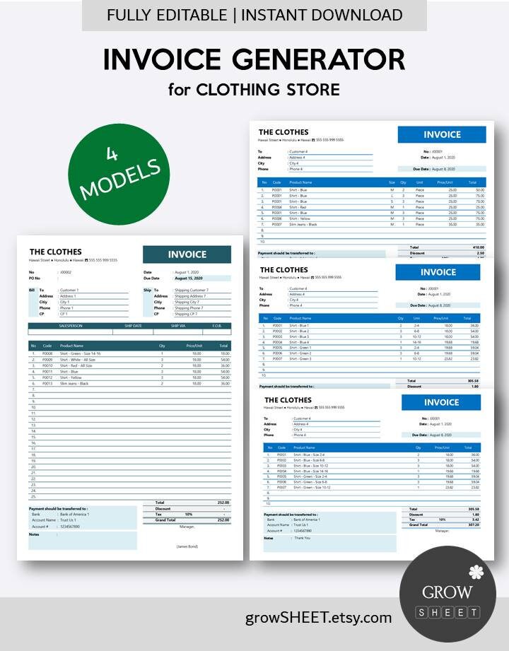Invoice Generator for Clothing Business Excel Invoice Template for ...
