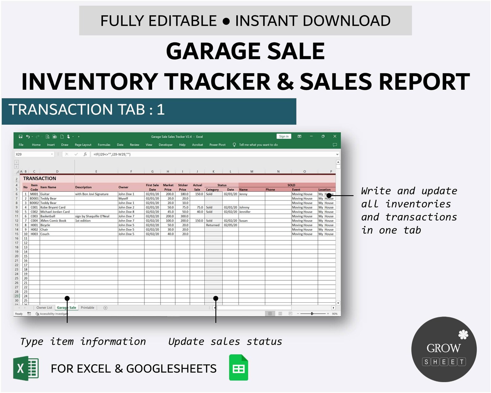 Garage Sale Inventory and Sales Tracker | Garage Sale Listing ...