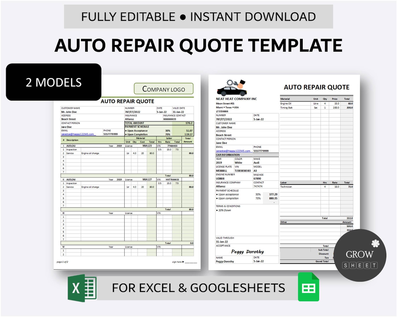 Printable Auto Repair Quote Template for Excel and Google Sheets ...