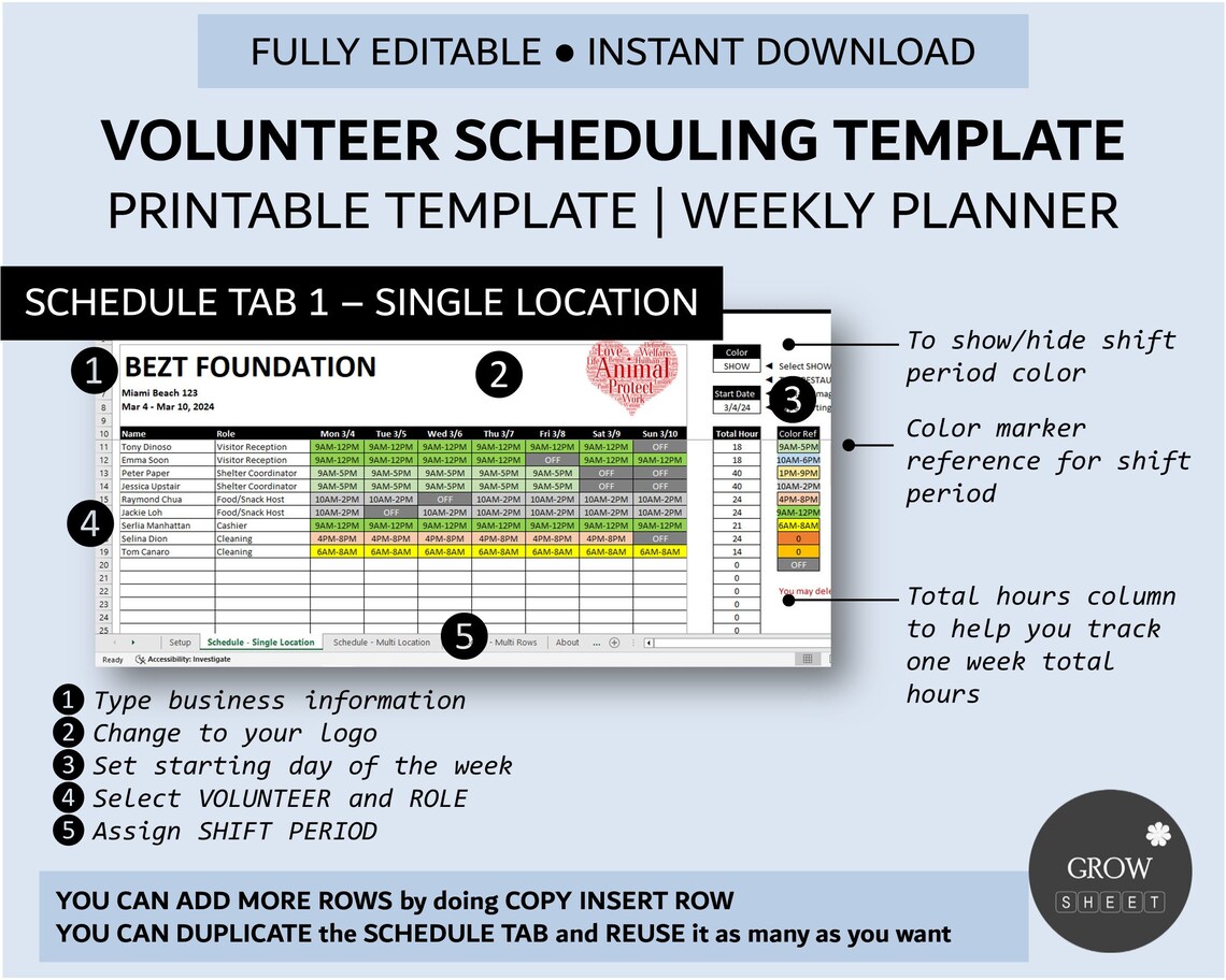 Volunteer Scheduling Template for Excel and Google Sheets | Multi Roles ...