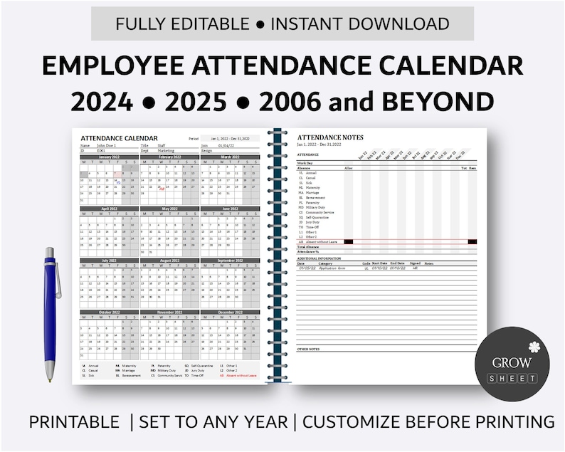 Printable Employee Attendance Calendar | Custom Attendance Calendar ...