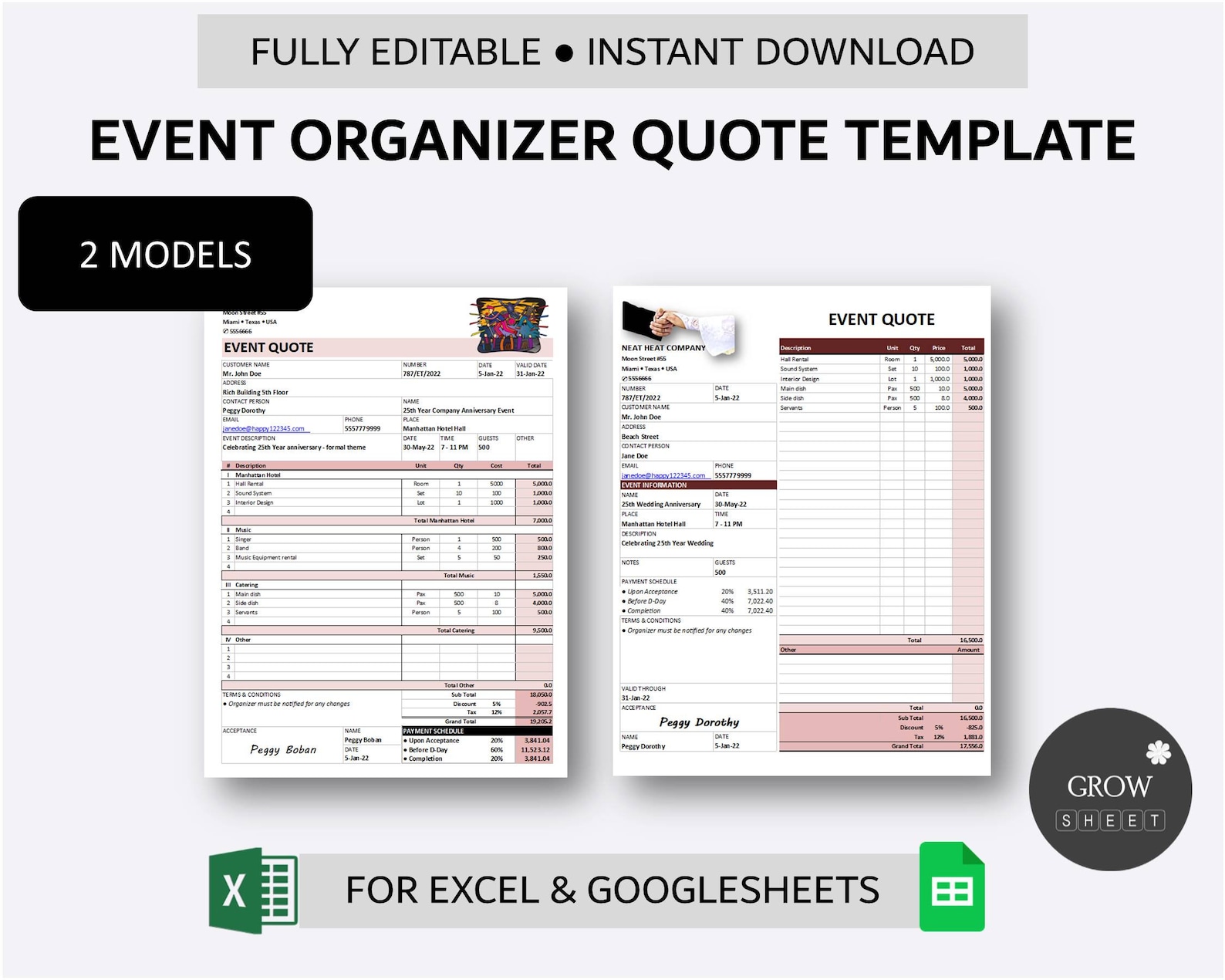 Printable Event Organizer Quote Template for Excel and Google Sheets ...