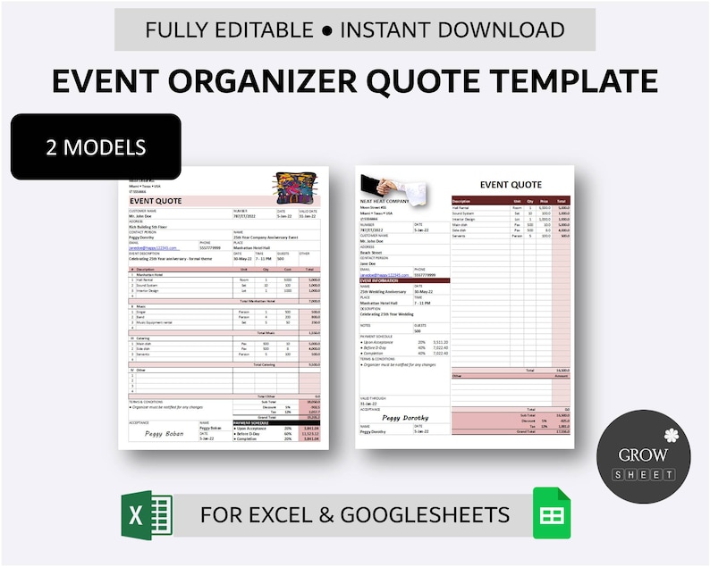 Printable Event Organizer Quote Template for Excel and Google Sheets ...